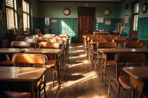 Interior Of An Empty Classroom With Wooden Chairs Stock Illustration
