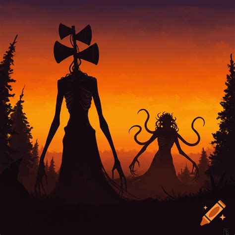 Silhouettes Of Siren Head And A Tentacled Monster Against An Orange And