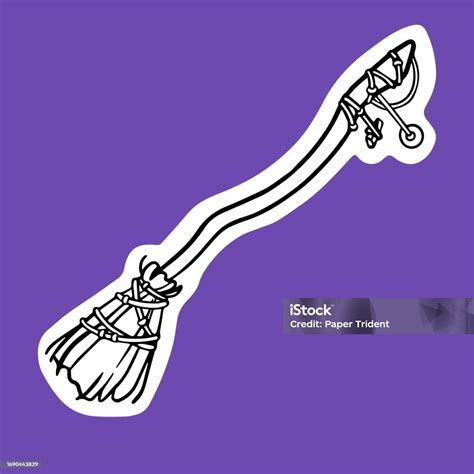 마녀의 빗자루가 있는 할로윈 스티커 요술 마법의 빗자루 윤곽 문신 Helloween 파티를 위한 디자인 요소 장식 흰색 배경에 손으로 그린 격리된 벡터 그림 공포 무서움에