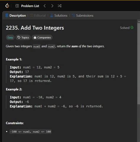 Vethika Venkatraman On Linkedin Day 730 Problem Number 2235 Add Two Integers Given Two