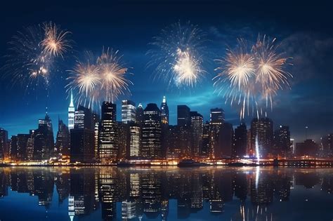 Beautiful Firework Show With Cityscape At Night For Celebration Happy New Year Firework Display