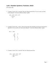 LAB 1 Numbers 1 Doc Lab 1 Number Systems Fractions ASCII 105 Marks Total 1 3 Marks Convert