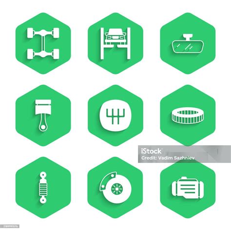 기어 시프터 캘리퍼가 있는 자동차 브레이크 디스크 엔진 점검 에어 필터 쇼크 업소버 엔진 피스톤 미러 및 섀시 자동차 아이콘을 설정합니다 벡터 거울에 대한 스톡 벡터 아트