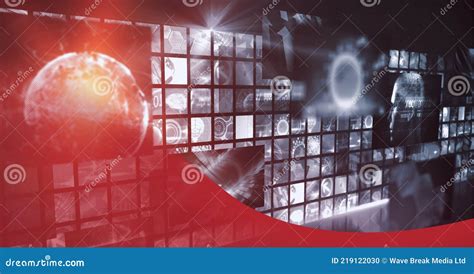 Composition Of Globe And Rows Of Digital Screens With Data Processing With Glowing Yellow Light