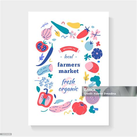 농민 시장 프레임 다양한 야채와 벡터 테두리 식품 박람회 포스터 레이아웃 템플릿 신선한 유기농 자생 농산물 다채로운 손으로 그린 그림과 수직 배너 Food Festival에