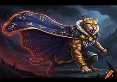 Muscular Anthropomorphic Cat In Fantasy Cape And Armor Crouches On A