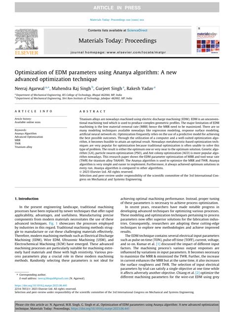 PDF Optimization Of EDM Parameters Using Ananya Algorithm A New Advanced Optimization Technique