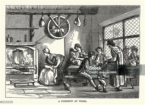 History Cooking Pot Of Stew On Open Fire Meat Roasting On A Turnspit Or