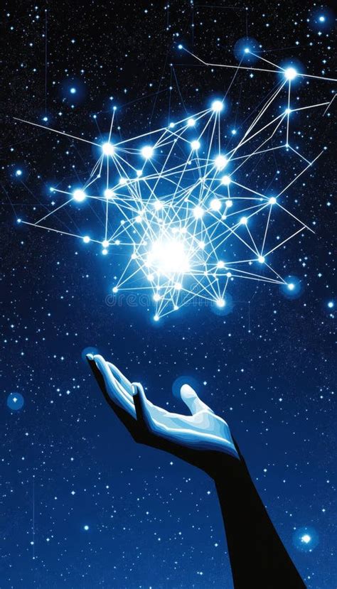 Hand Reaching For Glowing Digital Neural Network With Connected Nodes