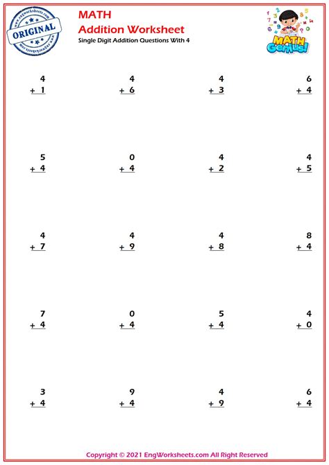 Single Number Addition Facts Column Worksheets And Exercise