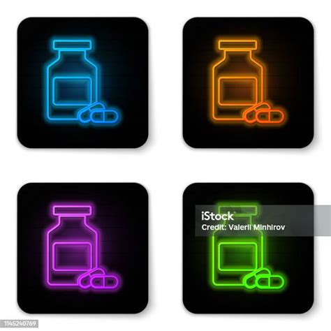 네온 의학 병 및 알 약 아이콘 흰색 배경에 고립 빛나는 병 알 약 기호입니다 약국 디자인 검은색 사각형 단추입니다 벡터 일러스트 0명에 대한 스톡 벡터 아트 및 기타