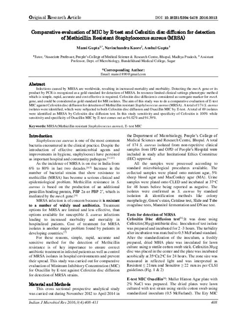 Pdf Comparative Evaluation Of Mic By E Test And Cefoxitin Disc