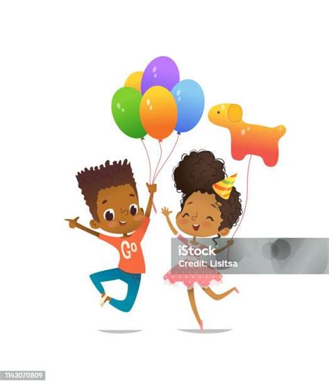 즐거운 아프리카계 미국인 소년과 소녀 풍선 및 생일 모자 행복 하 게 그들의 손으로 점프 생일 파티 전단지 웹 사이트 배너 포스터 초대장에 대 한 벡터 일러스트 레이 션