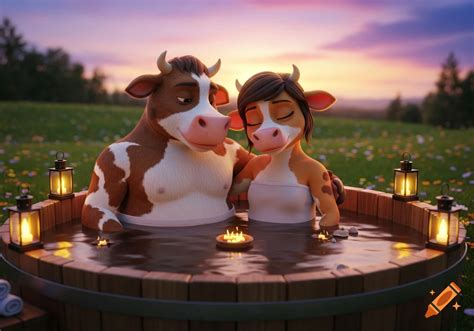 Animated Male And Female Cow Couple Relaxing In A Hot Tub During Sunset