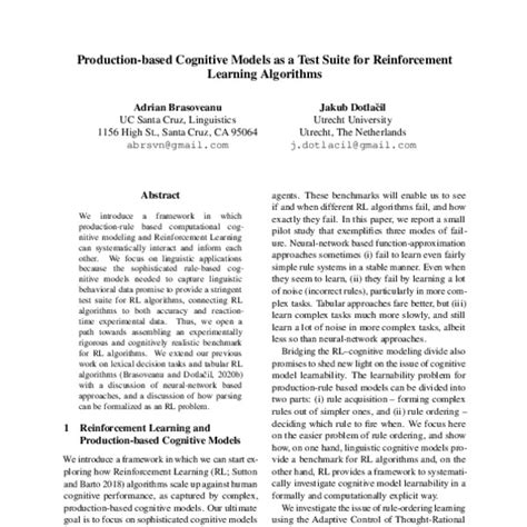 Production Based Cognitive Models As A Test Suite For Reinforcement Learning Algorithms Acl