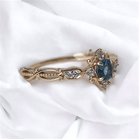 Vintage Gold Plated London Blue Topaz Ring Art Deco Floral Cz Promise