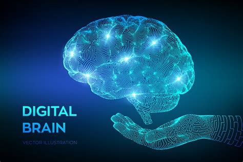 두뇌 손에 디지털 두뇌 3d 과학 기술 개념 신경망 Iq 테스트 인공 지능 가상 에뮬레이션 과학 기술 브레인 스토밍 생각 아이디어 벡터 그림입니다 과학에 대한 스톡 벡터