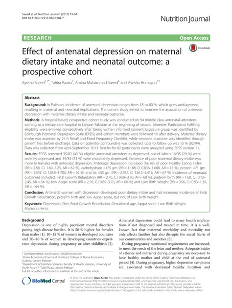 Pdf Effect Of Antenatal Depression On Maternal Dietary Intake And