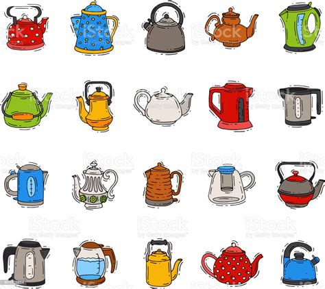 티 타임 및 부엌 그림 주방 세트 흰색 배경에 고립의 전기 보일 러에 끓인된 커피 음료에 차를 마시는 주전자와 주전자 벡터 주전자 0명에 대한 스톡 벡터 아트 및 기타