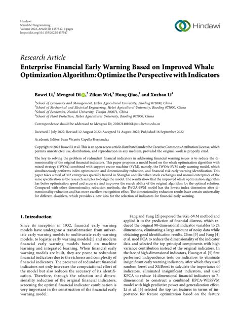 Pdf Enterprise Financial Early Warning Based On Improved Whale Optimization Algorithm