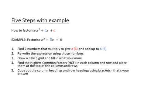 The Five Step Grid Method For Factorising Quadratics Variation Theory