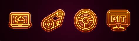 세트 라인 레이싱 헬멧 타이밍 벨트 키트 스티어링 휠 및 피트 스톱 빛나는 네온 아이콘 벡터 개념에 대한 스톡 벡터 아트 및