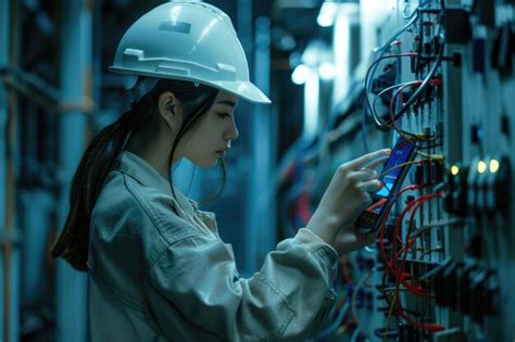 Premium Photo Side View Of Female Engineer Programming Fuse Box Through Smart Phone At Power