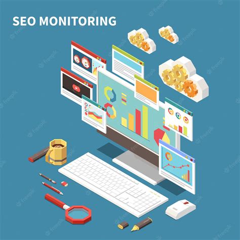 free vector blue web seo isometric composition with seo monitoring headline and isolated