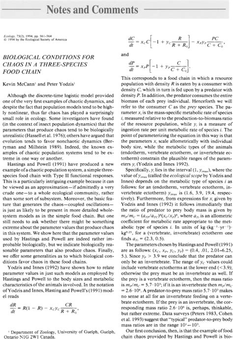 Biological Conditions For Chaos In A Three‐species Food Chain Mccann 1994 Ecology Wiley