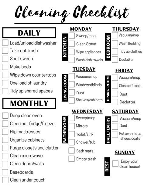 Daily Weekly Monthly Cleaning Checklist Schedule To Do List