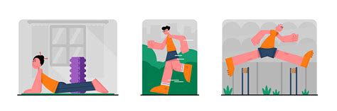 실내와 실외에서 스포츠를 하는 다양한 만화 캐릭터 세트 트라이 애슬론에 대한 스톡 벡터 아트 및 기타 이미지 트라이 애슬론 가냘픈 건강한 생활방식 Istock