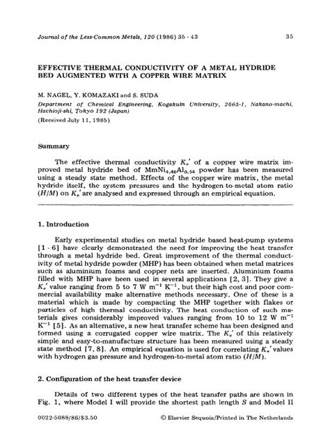 1986effective Thermal Conductivity Of A Metal Hydride Bed Augmented With A Copper Wire Matrix