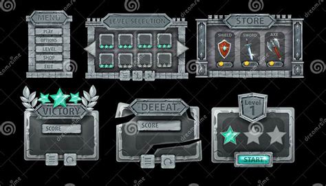 Stone Medieval Game Menu Frame Set Vector Ui Button Icon Kit Victory Defeat Background Knight