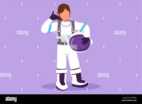 Graphic Flat Design Drawing Female Astronaut Standing With Call Me Gesture Wearing Spacesuit