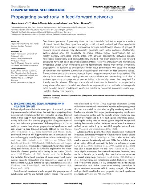 Pdf Propagating Synchrony In Feed Forward Networks
