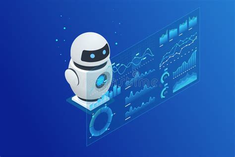 isometric ai robot interacting with digital analytics interface
