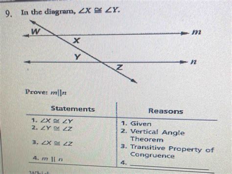 in the diagram ∠ x≌ ∠ y prove m n statements reasons 1 ∠ x≌ ∠ y 1