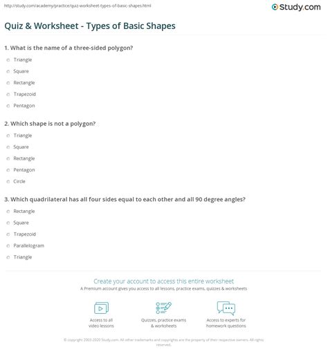 Quiz Worksheet Types Of Basic Shapes Study