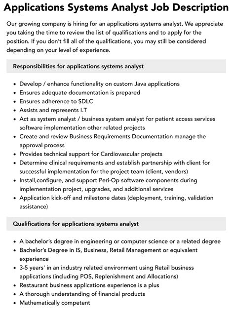 Applications Systems Analyst Job Description Velvet Jobs