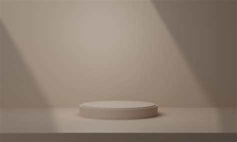 창 배경 조명이 있는 방의 갈색 제품 전시 연단 화장품 제품은 제품 배경을 보여주는 플랫폼 스탠드가 있는 최소한의 장면