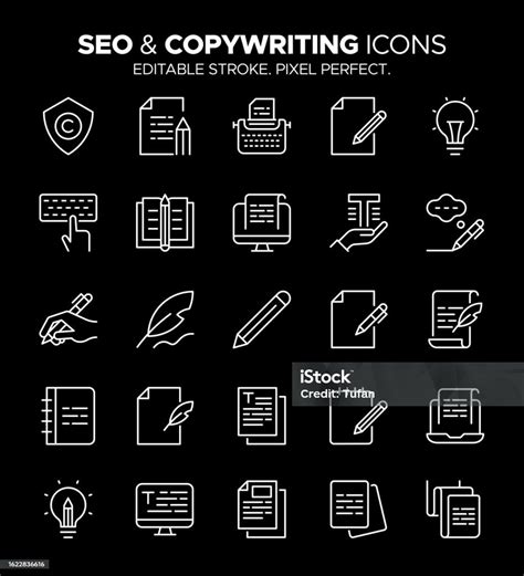 Seo 및 카피라이팅 아이콘 세트 콘텐츠 생성 쓰기 편집 헤드라인 기호 개념에 대한 스톡 벡터 아트 및 기타 이미지 개념 검색 엔진 교열 담당자 Istock