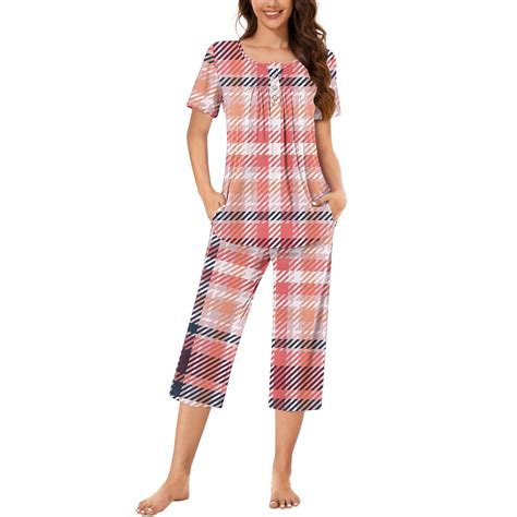 Sakmal Plus Size Pajama Set For Women Lightweight Plaid Short Sleeve