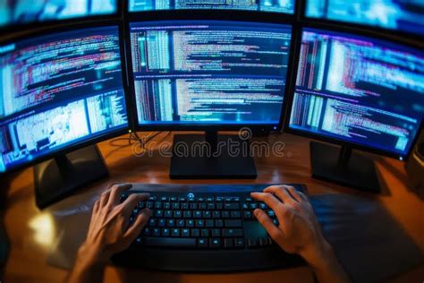 Software Developer Writing Code On Laptop In Dark Office At Night Stock
