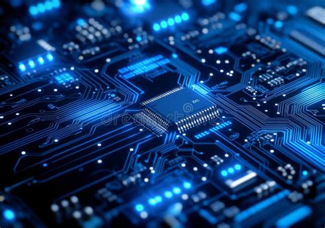 Futuristic Blue Circuit Board With Illuminated Microchip Architecture