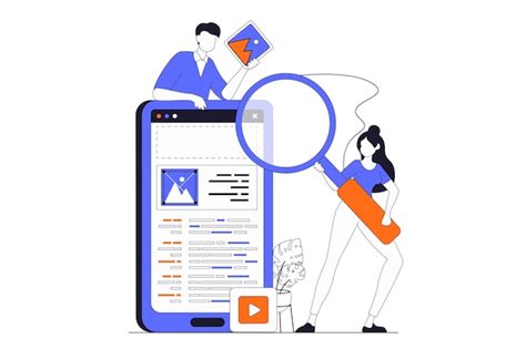 플랫 아웃라인 디자인의 사람 장면을 사용한 앱 개발 개념 프리미엄 벡터