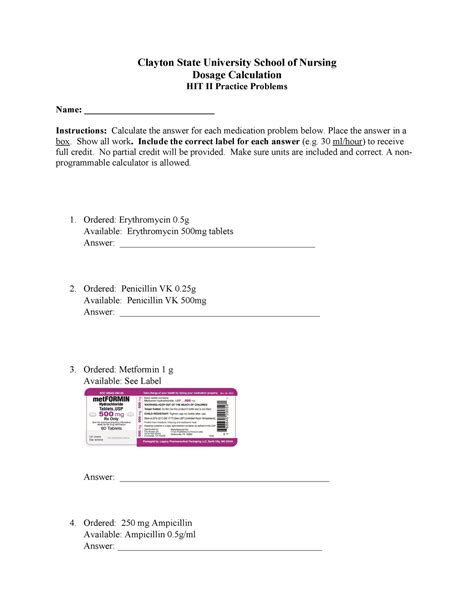 Drug Calculation Practice Problems Clayton State University Babe Of Nursing Dosage