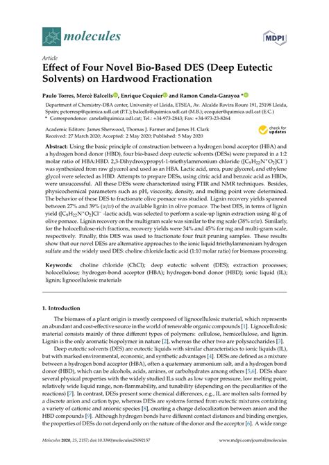 Pdf Effect Of Four Novel Bio Based Des Deep Eutectic Solvents On