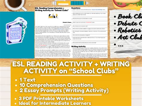 Esl Reading Comprehension Writing Activity Worksheets On School Clubs