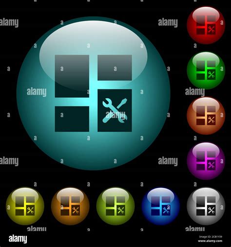 Dashboard Tools Icons In Color Illuminated Spherical Glass Buttons On Black Background Can Be