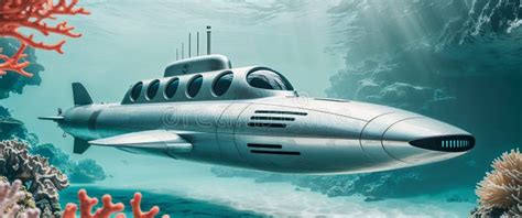 Futuristic Submarine Exploring The Ocean Depths Near A Coral Reef Stock